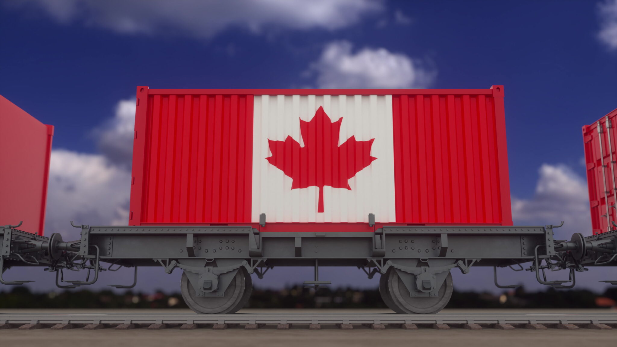 Train and containers with the flag of Canada. Railway transportation ...